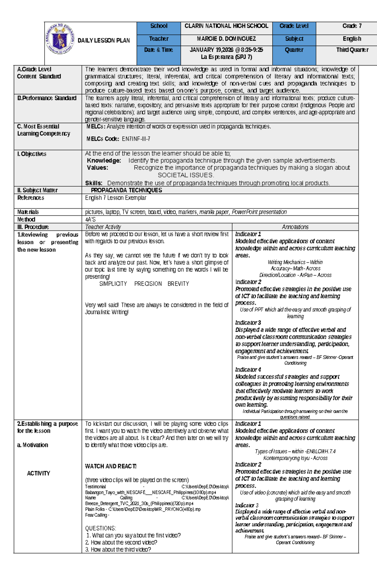 ENG 7 CO 3 SEMI Detailed Lesson Plan on Propaganda Techniques - Studocu
