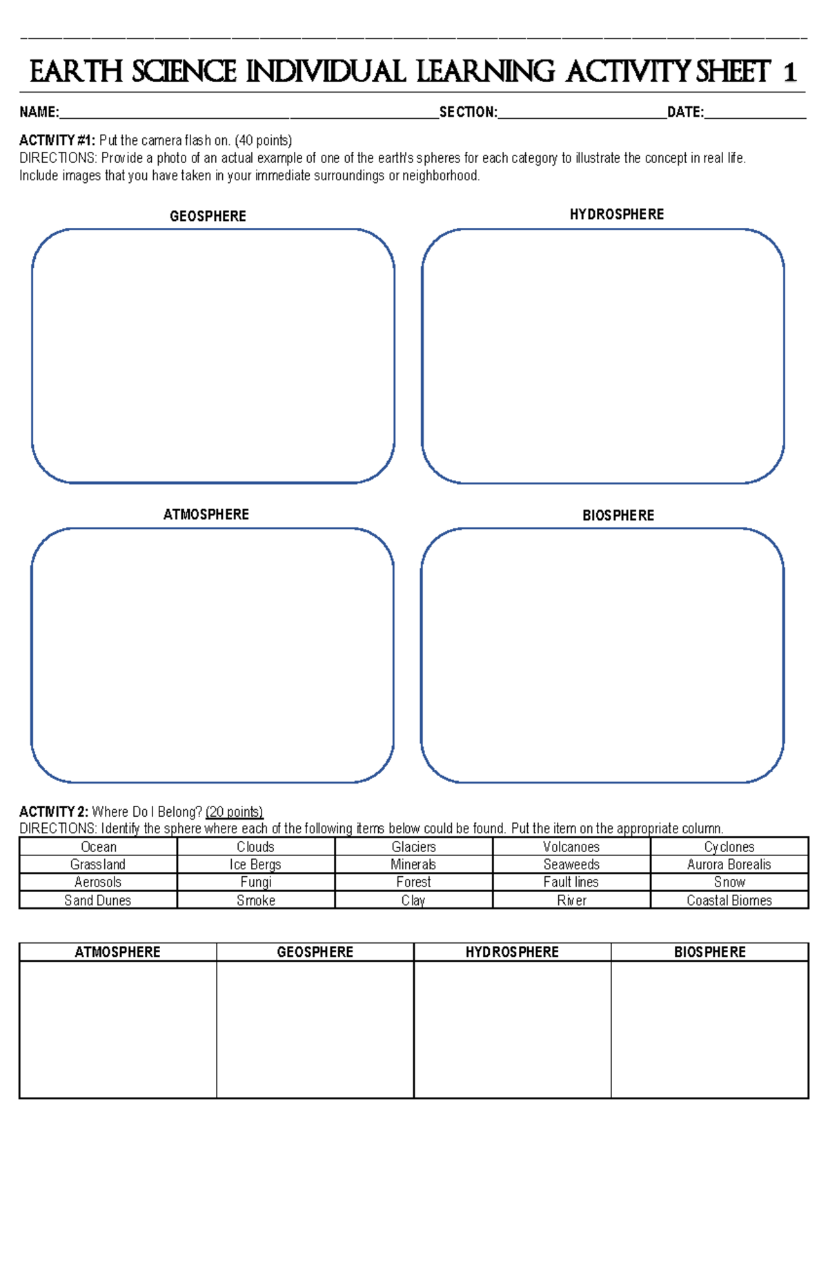 Earth Science INDIVIDUAL LEARNING ACTIVITY SHEET 1 - Studocu