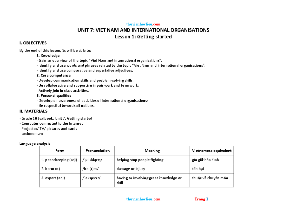 Unit 7: Vietnam and International Organisations - Lesson 1 Overview ...