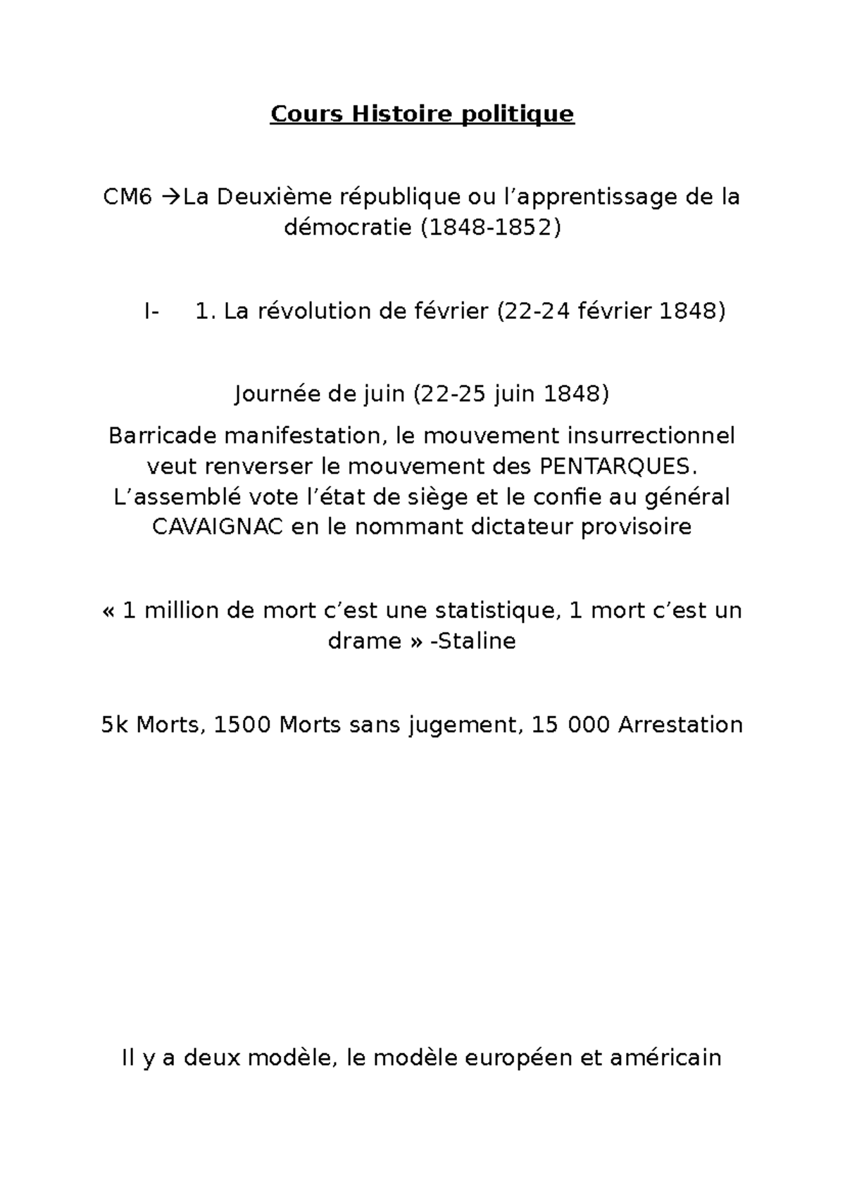 Histoire Politique CM6: La Deuxième République et ses Défis - Studocu