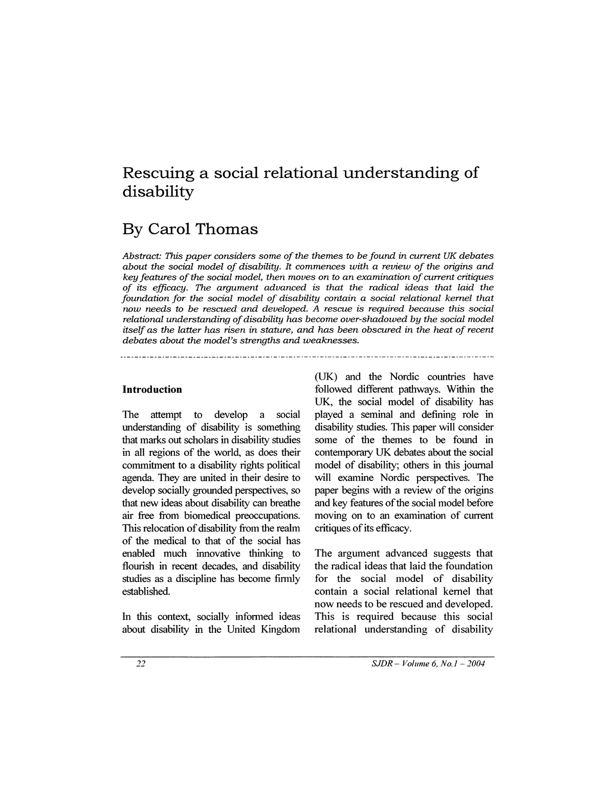 Rescuing the Social Relational Understanding of Disability in the UK ...