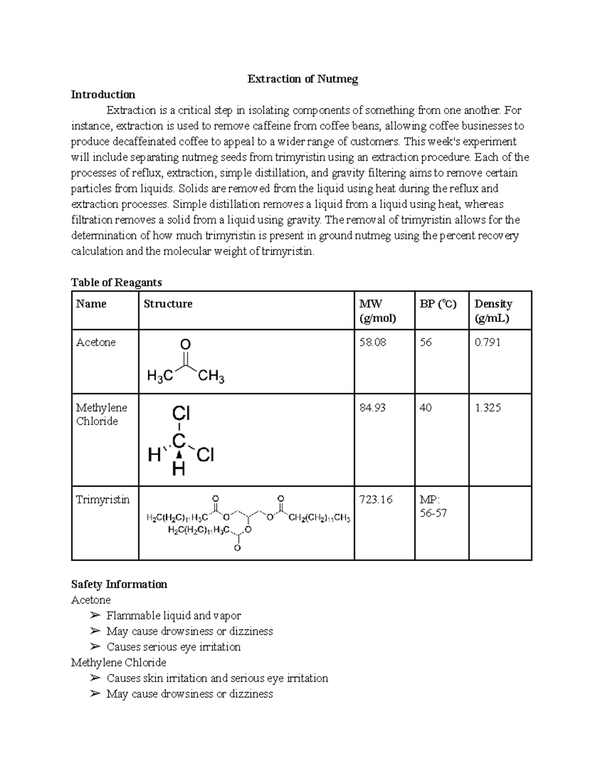Chem 2211 Experiment 3: Extraction of Trimyristin from Nutmeg - Studocu