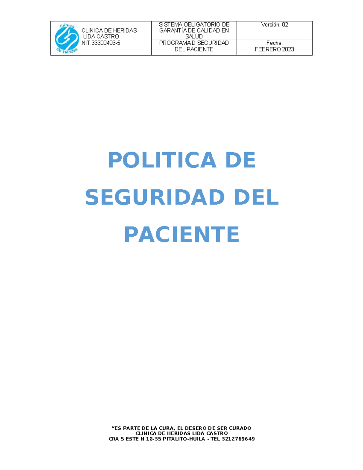 Política de Seguridad del Paciente 2023 - Clínica de Heridas Lida ...