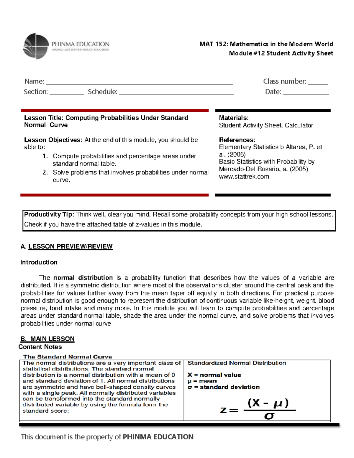 SAS12-MAT-152 Student Activity Sheet: Probabilities & Normal Curves ...