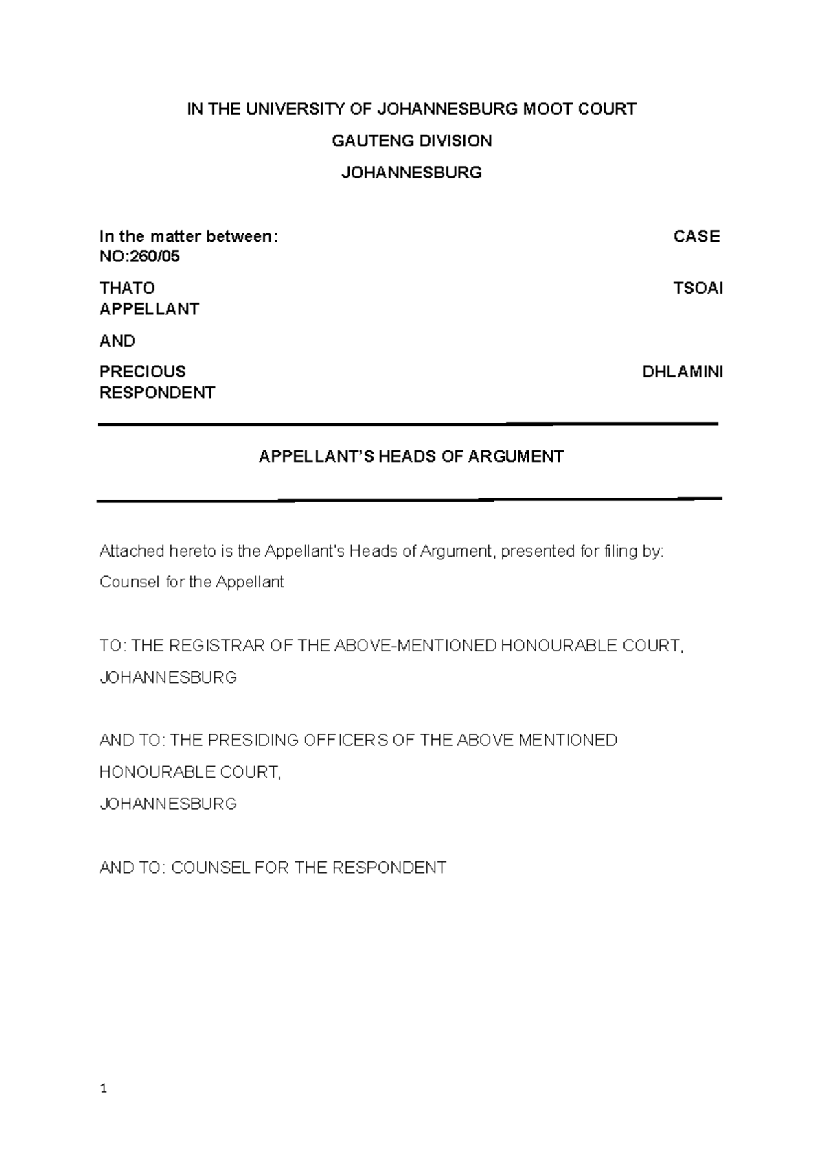 Appellant's Heads of Argument for UJ Moot Court Case No. 260/2023 - Studocu