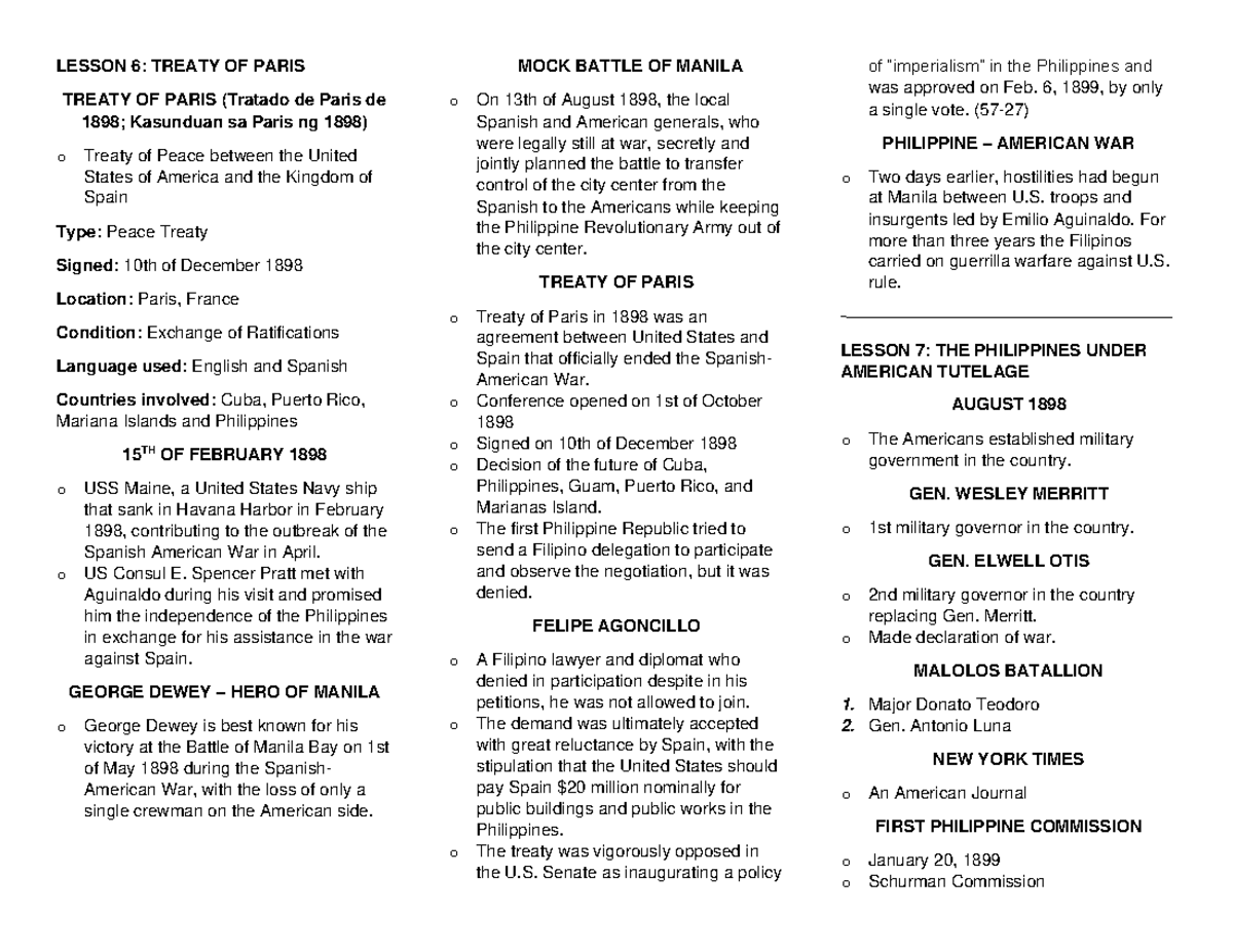 RIPH- Midterm Study Notes: Treaty of Paris & American Rule - Studocu
