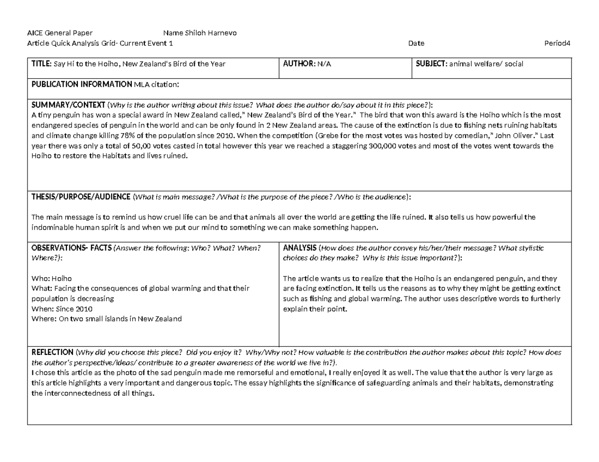 AICE General Paper Current Event Analysis: Hoiho & Maria Branyas ...