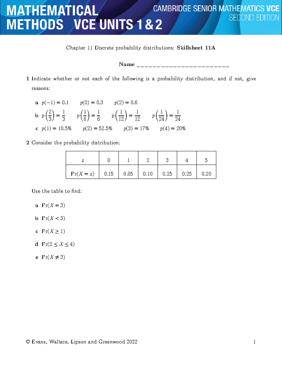 Chapter 11A - Discrete Probability Distributions Skillsheet Answers - Studocu