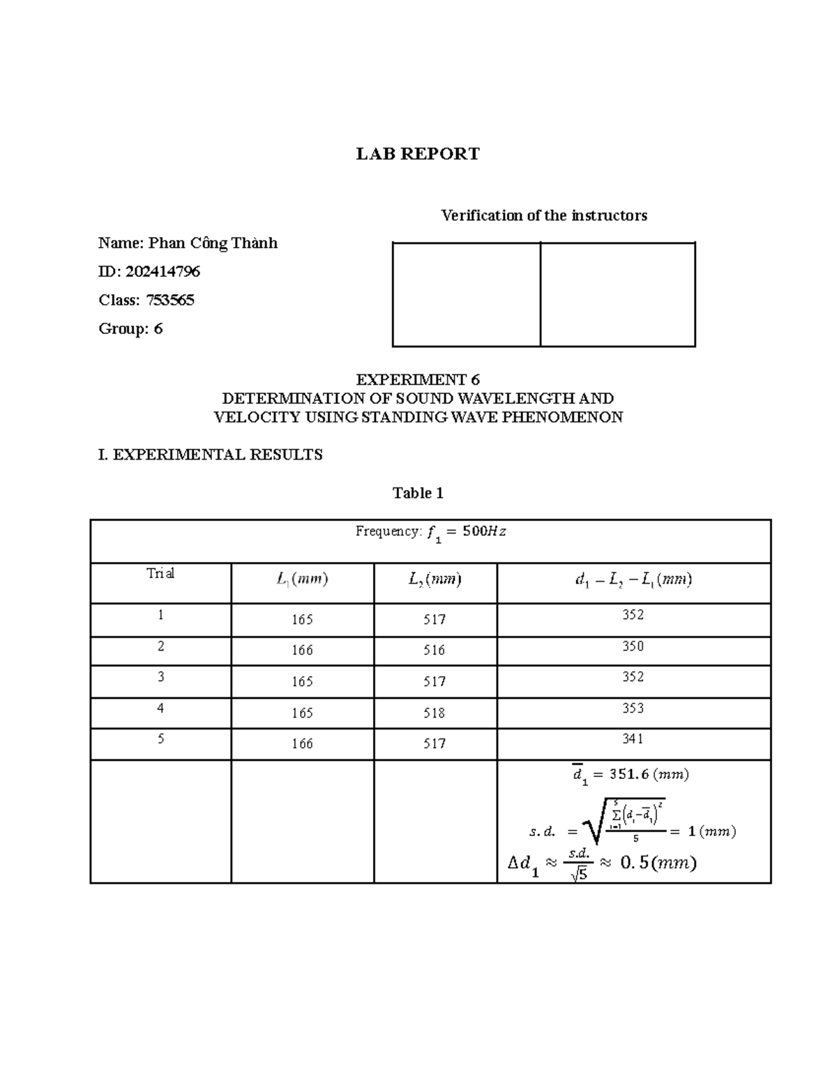 LAB REPORT 753565: Sound Wavelength & Velocity via Standing Waves - Studocu
