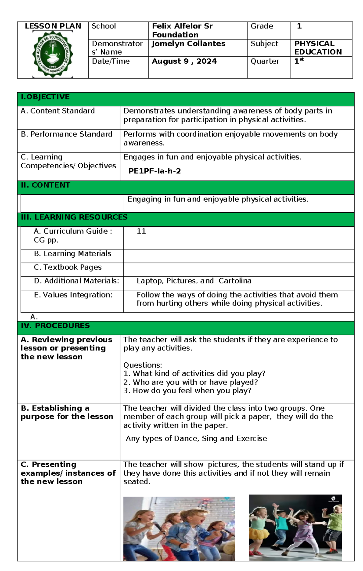 LP-PE1 - Lesson Plan for Engaging Physical Activities in Grade 1 - Studocu