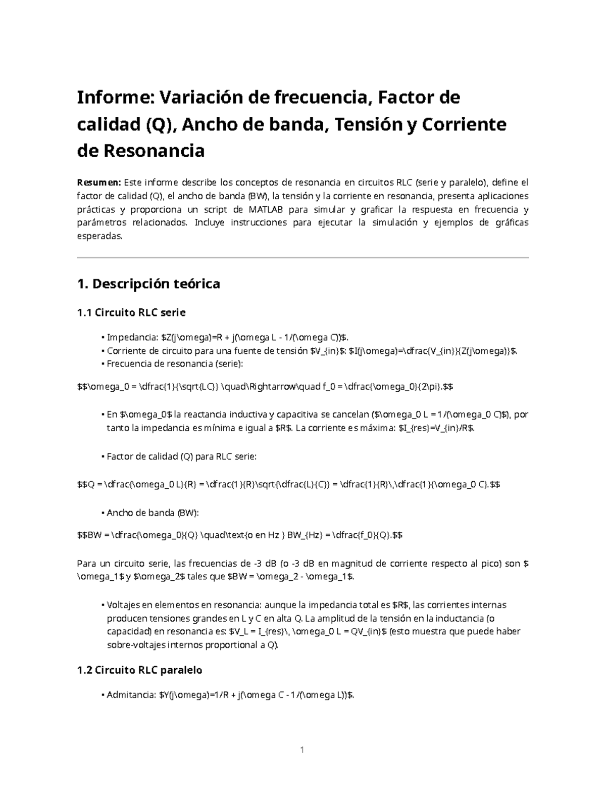 Informe RLC: Resonancia y Simulación en MATLAB (RLC-Resonancia) - Studocu
