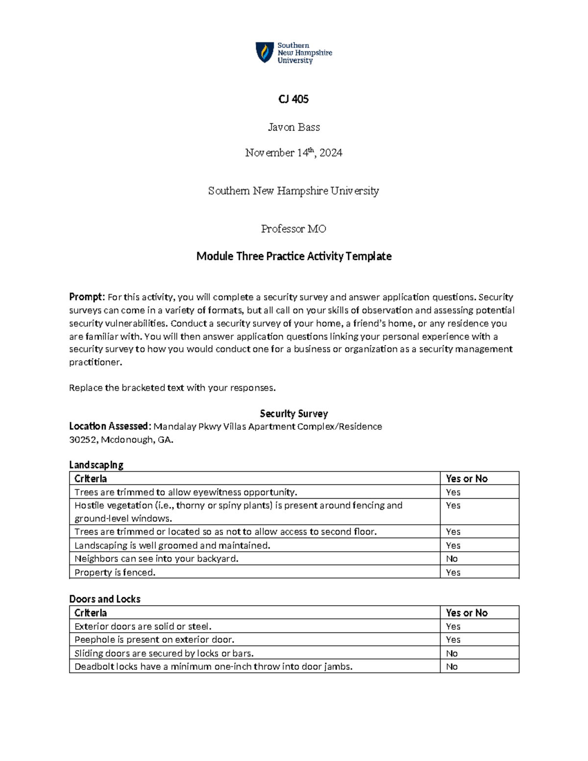 CJ 405 3-1 Practice Activity Security Survey - CJ 405 Javon Bass ...