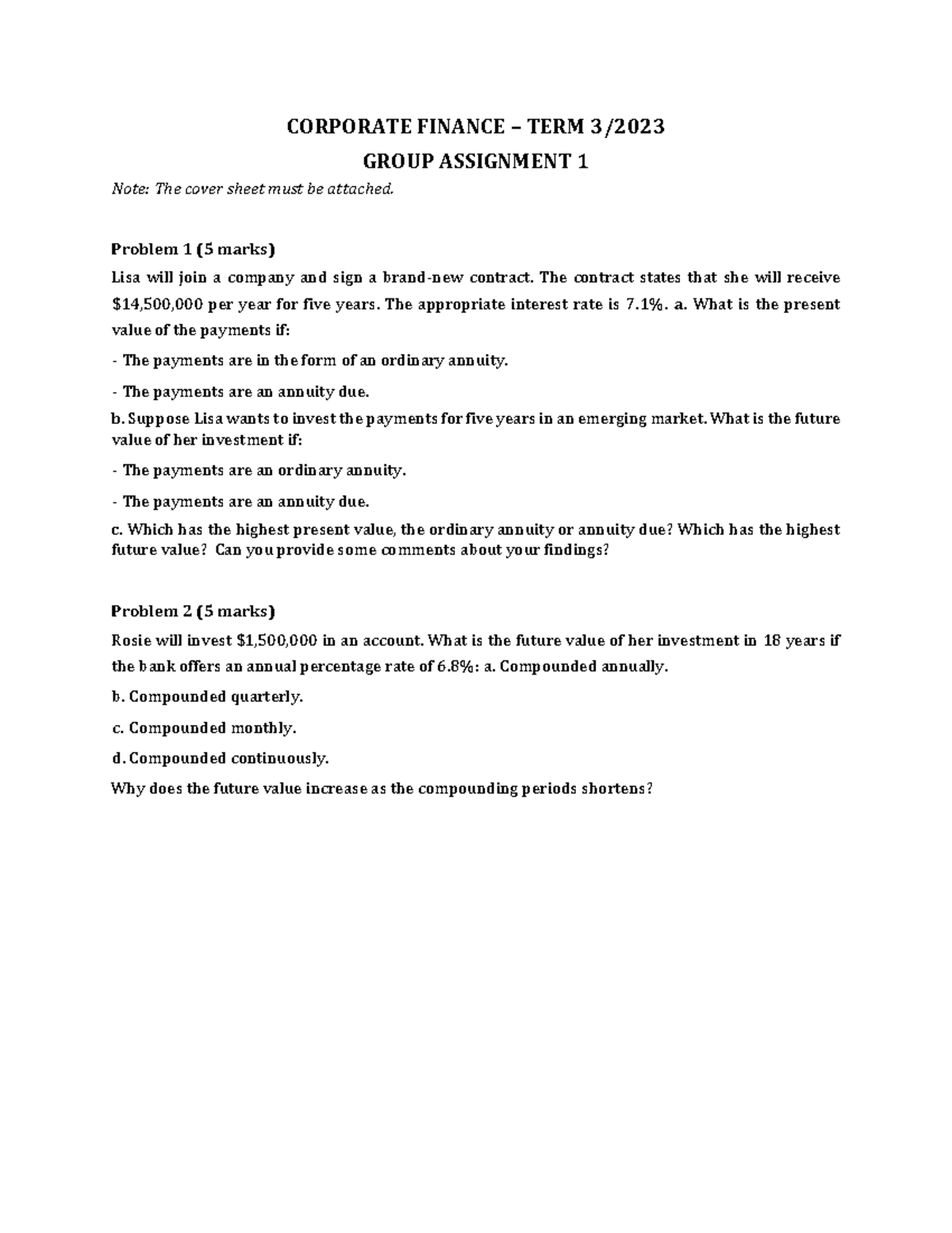 Corporate finance term group assignment 1: Present and future value ...