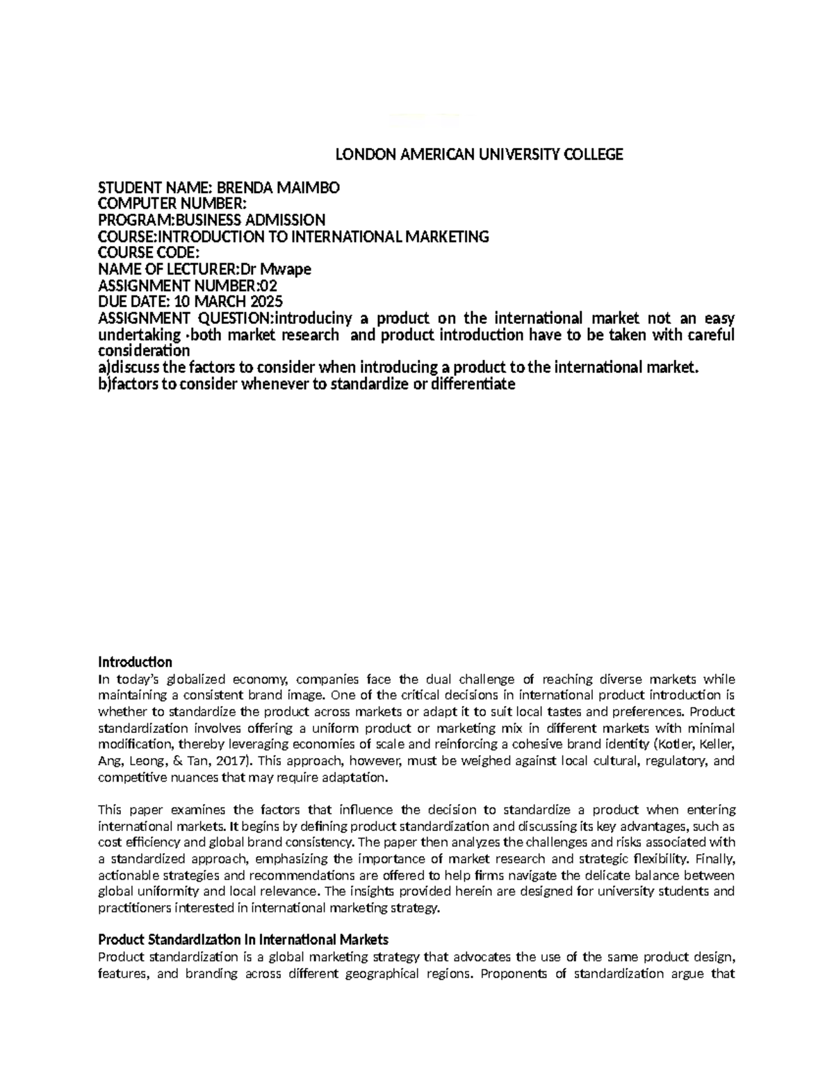 BUS 101: Assignment 02 - Product Standardization in International ...