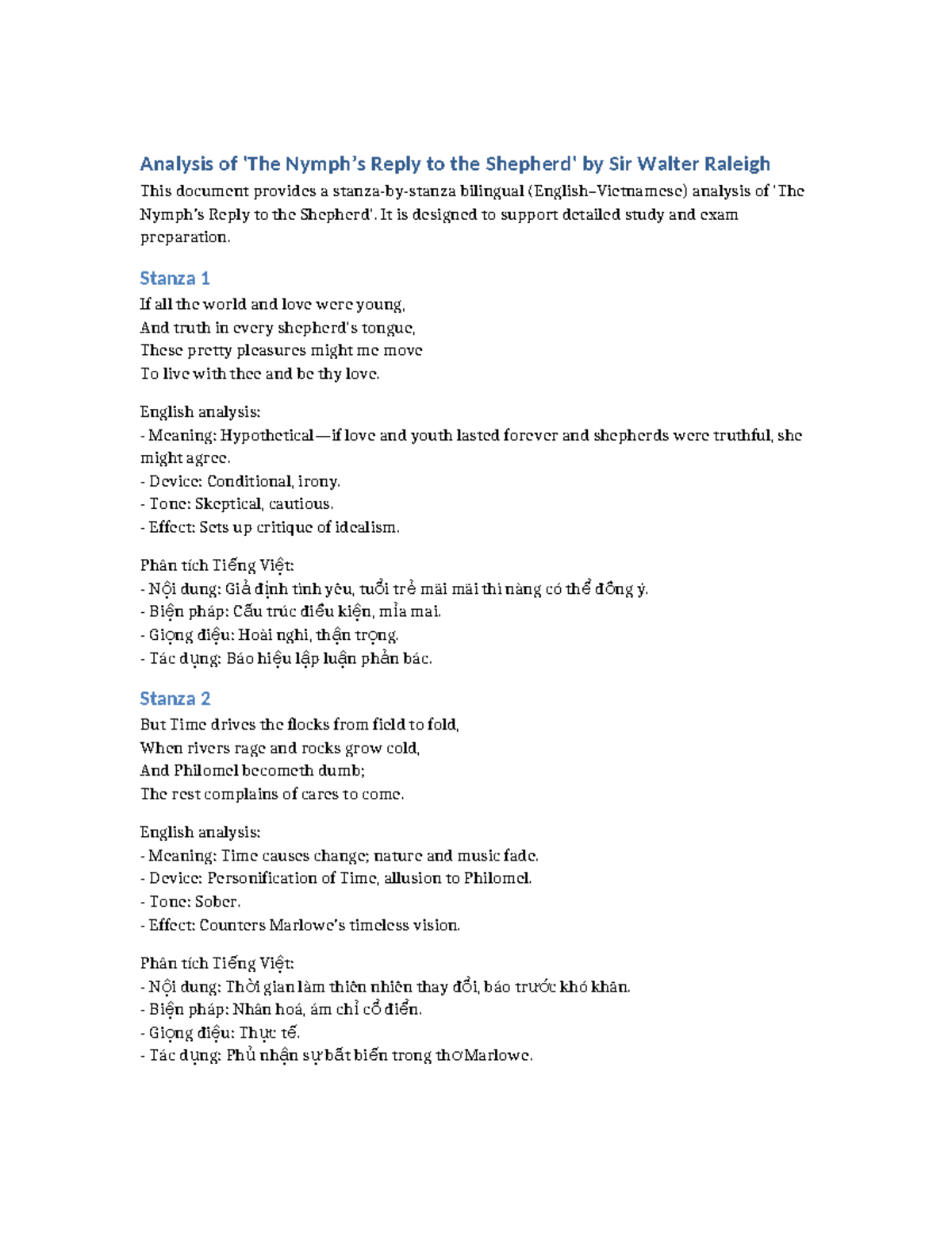 Bilingual Analysis of 'The Nymph’s Reply to the Shepherd' (ENG-VN ...