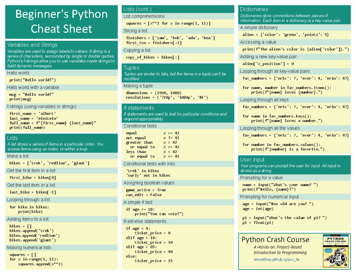 Python Cheat Sheet: Lists, Dictionaries, and Control Structures - Studocu