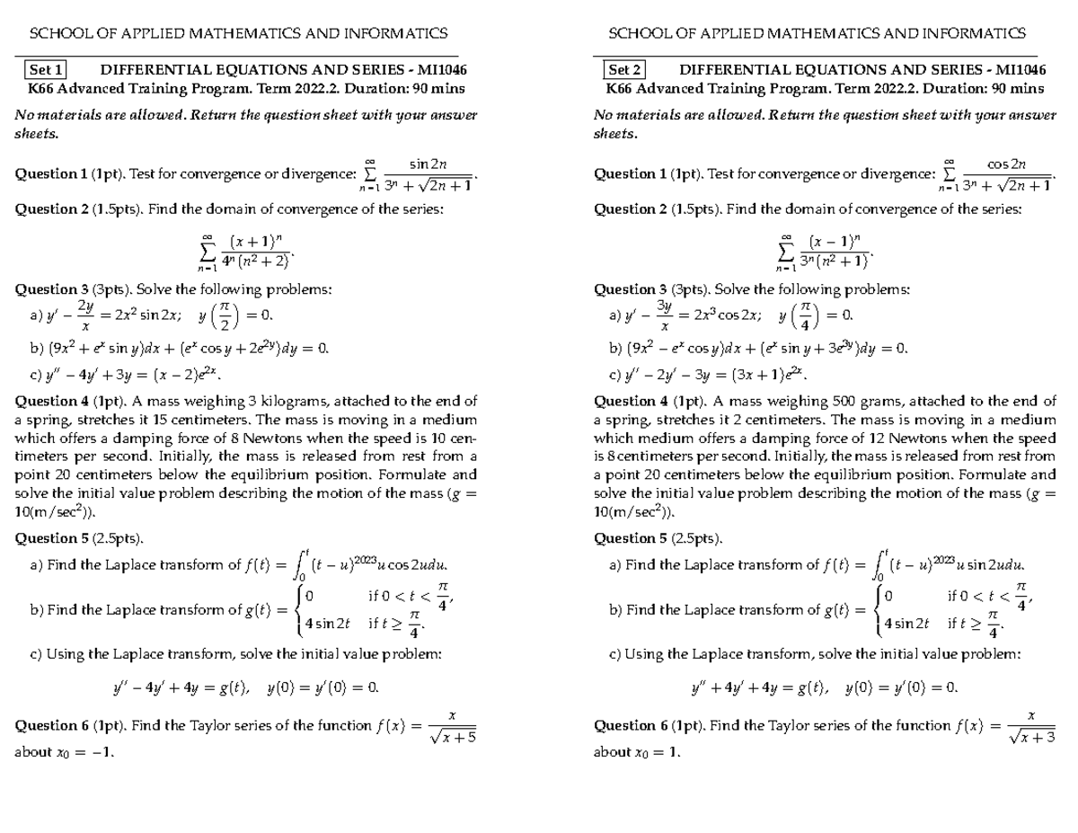 Final Exam Mi1046 Differential Equations Series 2022 Studocu