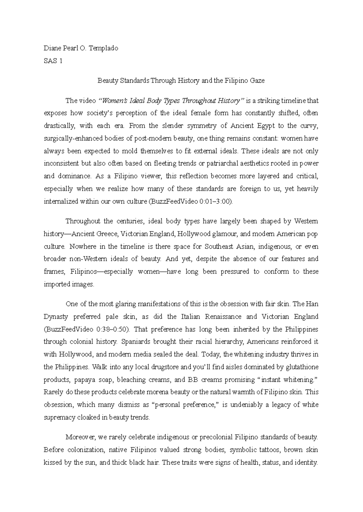 SAS 1 Module 4 Reflection: Filipino Beauty Standards & History - Studocu