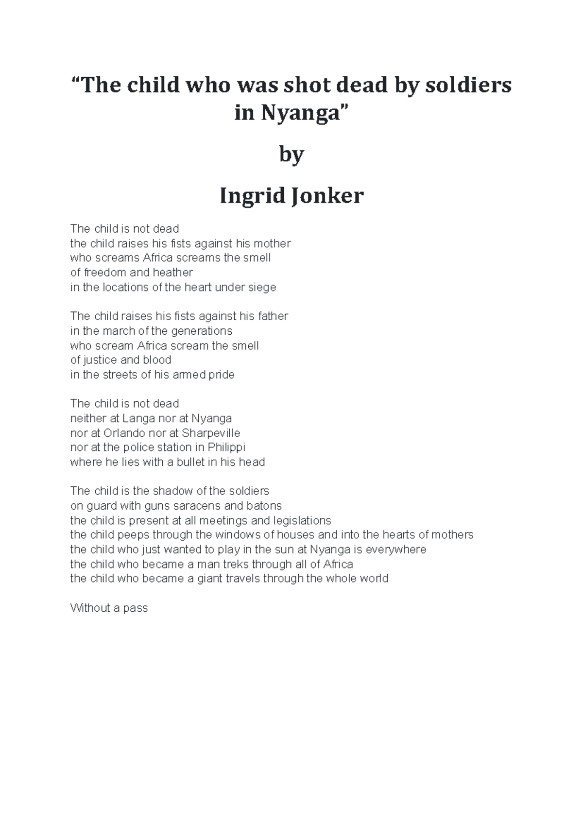 Ingrid Jonker's Poem: "The Child Who Was Shot Dead by Soldiers" - Studocu