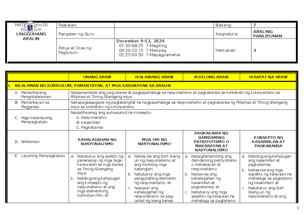 AP7 Q3 Week 1: Nasyonalismo at Kasarinlan sa Araling Panlipunan - Studocu