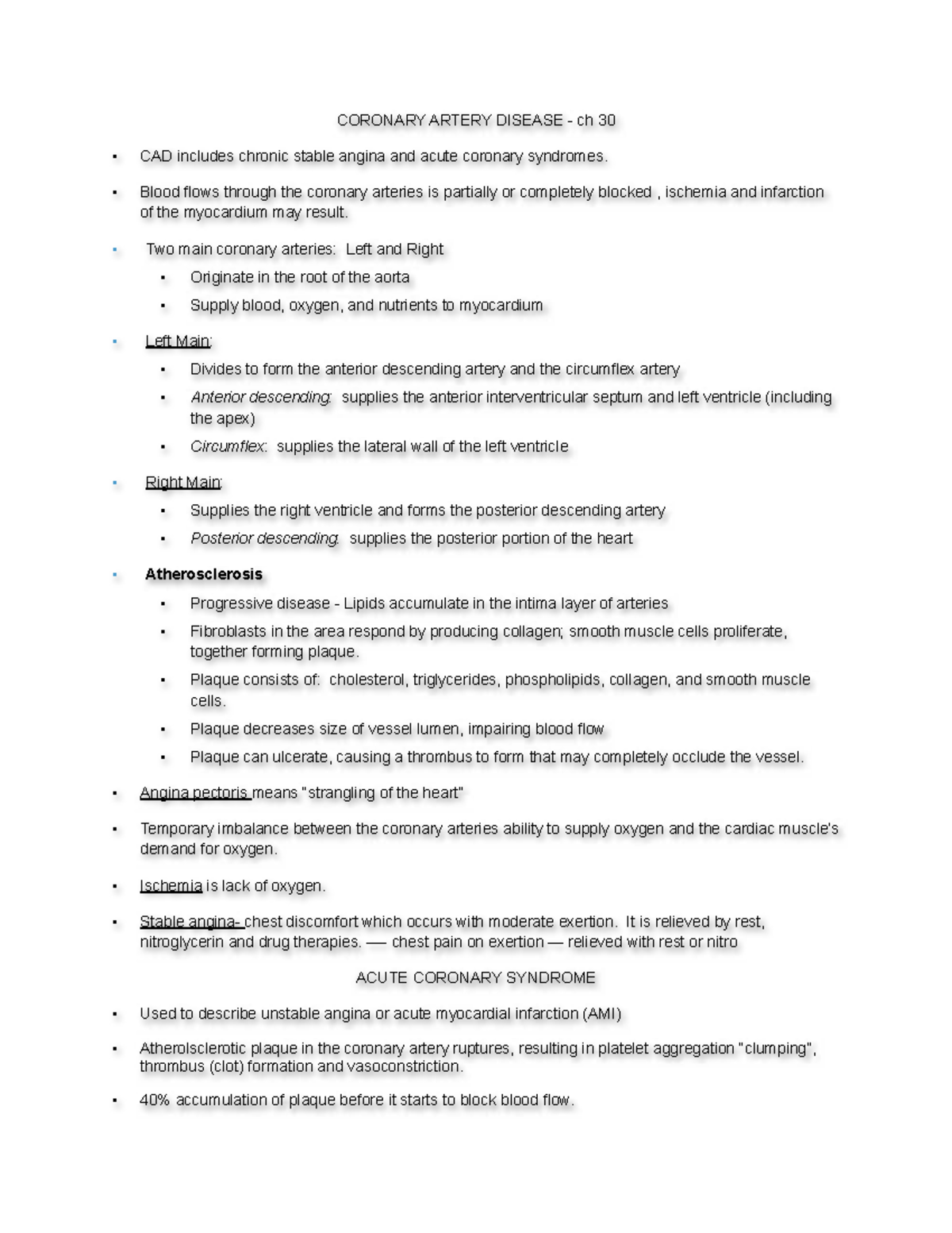 Cardiovascular Pathophysiology & Management: CAD, Angina, & MI (NUR 301 ...