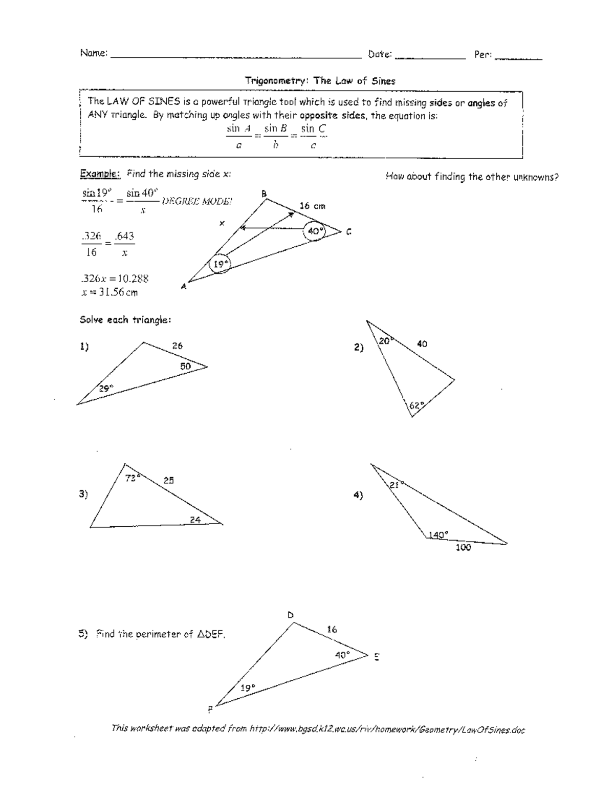 Trigonometry (MATH 101): Law of Sines Worksheet 1-10 - Studocu