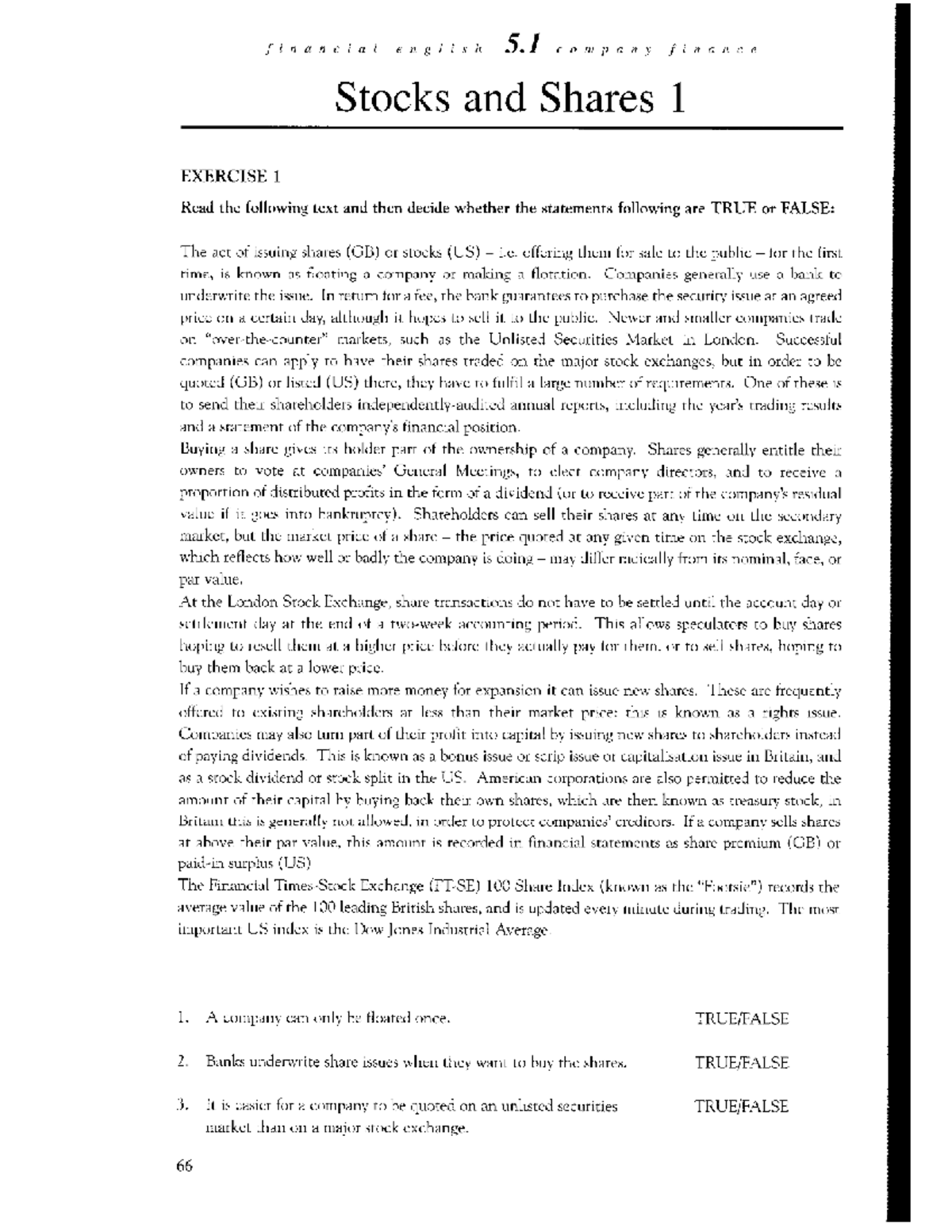 Financial English 5.1: Company Finance - Stocks & Shares Exercise 1 ...