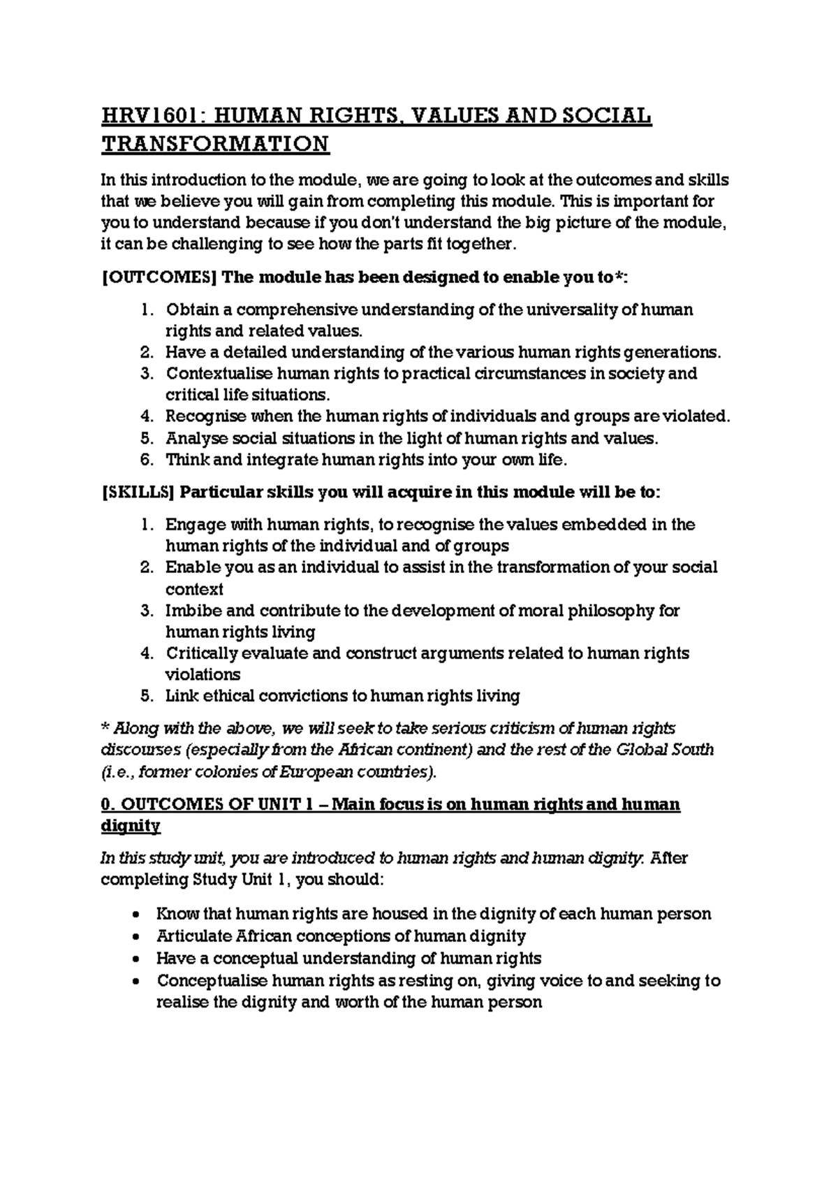 HRV1601: Human Rights and Dignity - Study Unit 1 Overview - Studocu