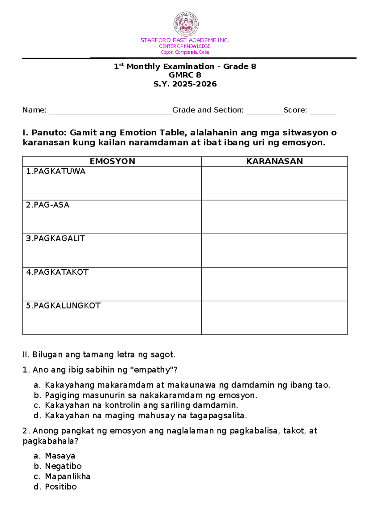 GMRC 8 S.Y. 1st Monthly Exam: Emotion Awareness & Understanding - Studocu