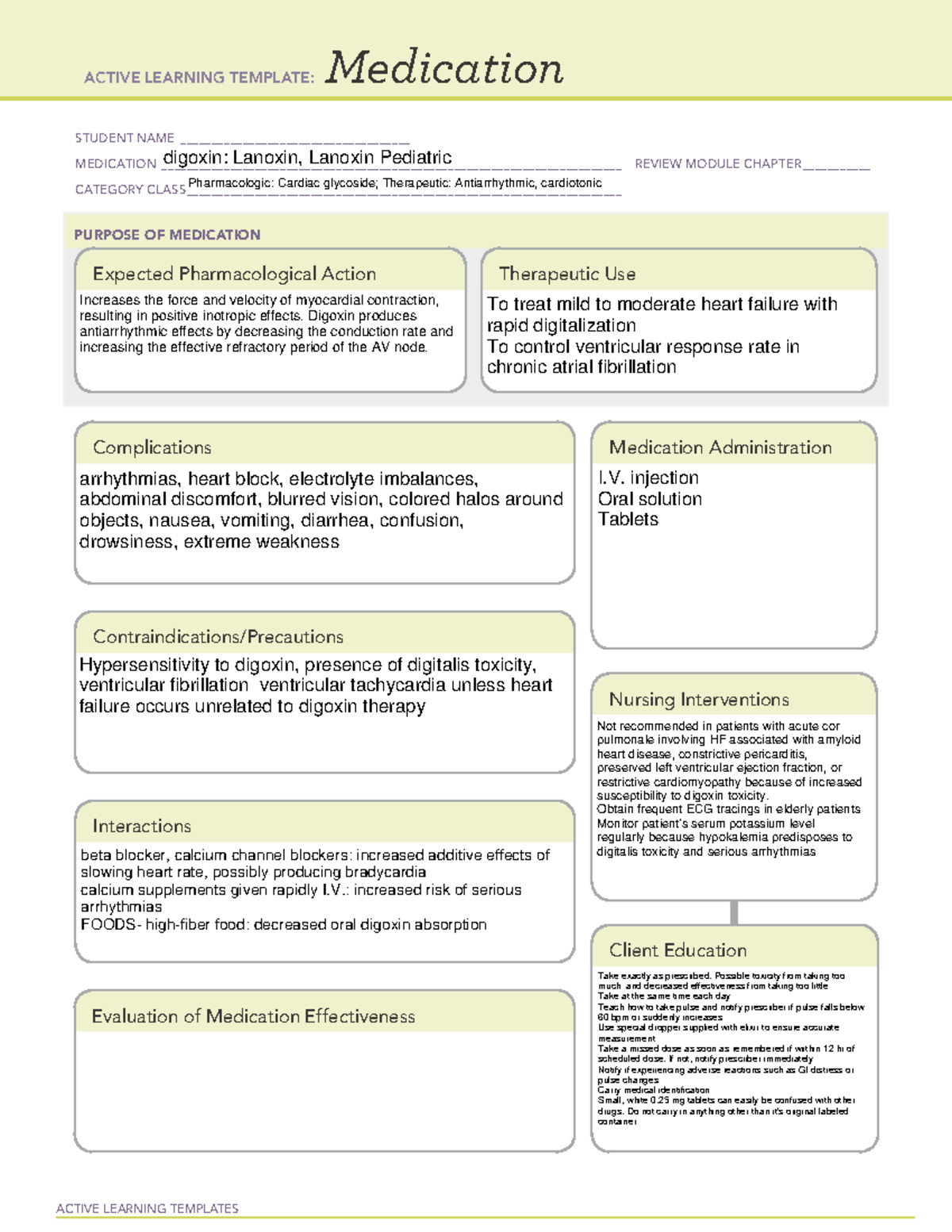 Digoxin - ACTIVE LEARNING TEMPLATE: Medication STUDENT NAME digoxin ...
