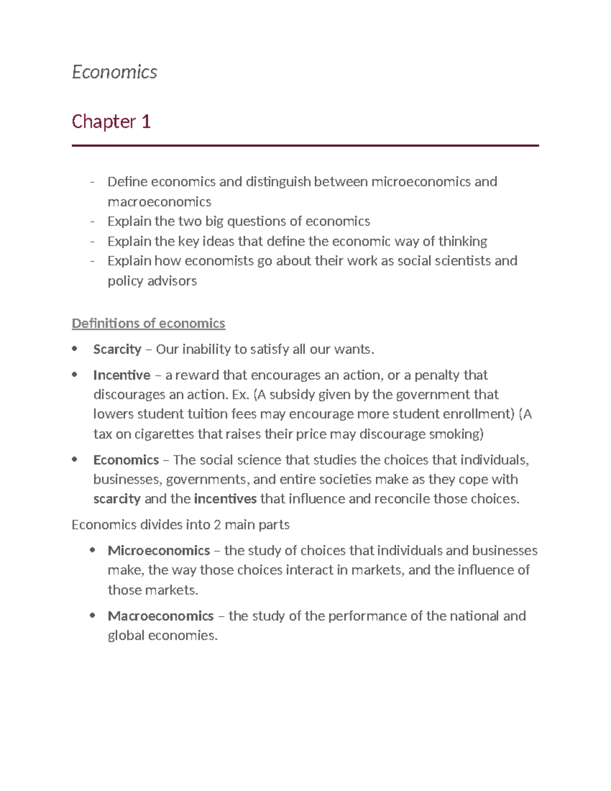 Chapter 1, 2, 3 Lecture Notes - Economics Chapter 1 Define economics ...