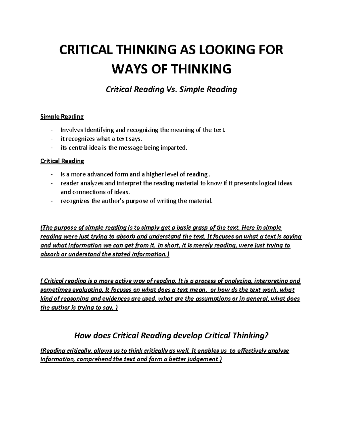 Critical Reading and Thinking Strategies: An Analytical Guide - Studocu