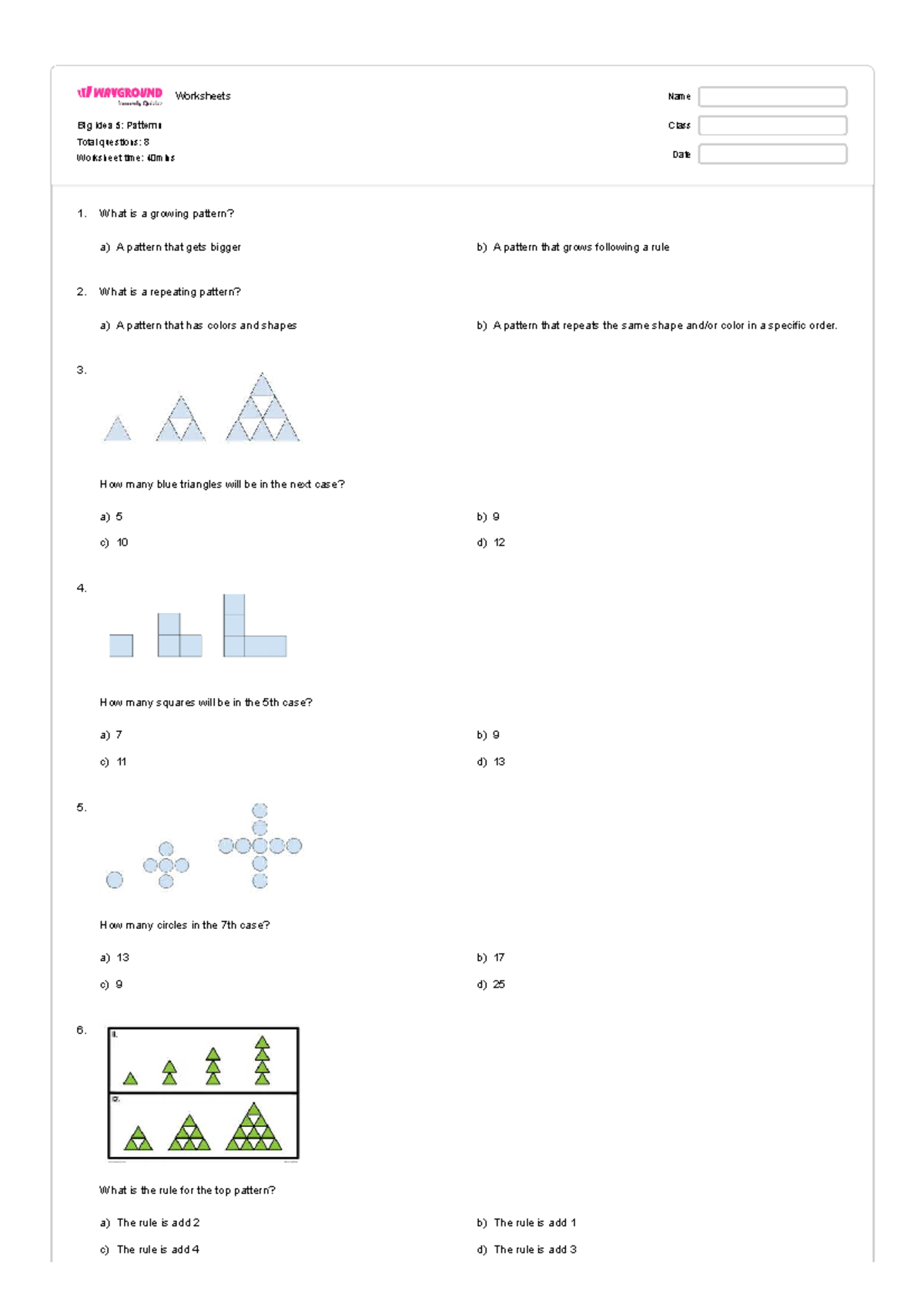 Big Idea 5: Patterns Worksheet (Total Questions: 8) - Studocu