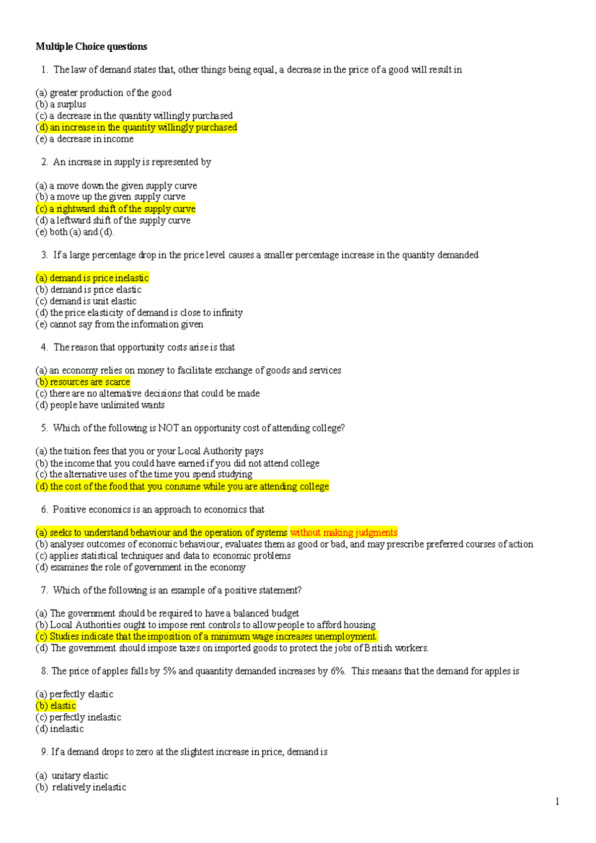 ME Exercises-1: Multiple Choice Questions on Demand and Supply Concepts ...