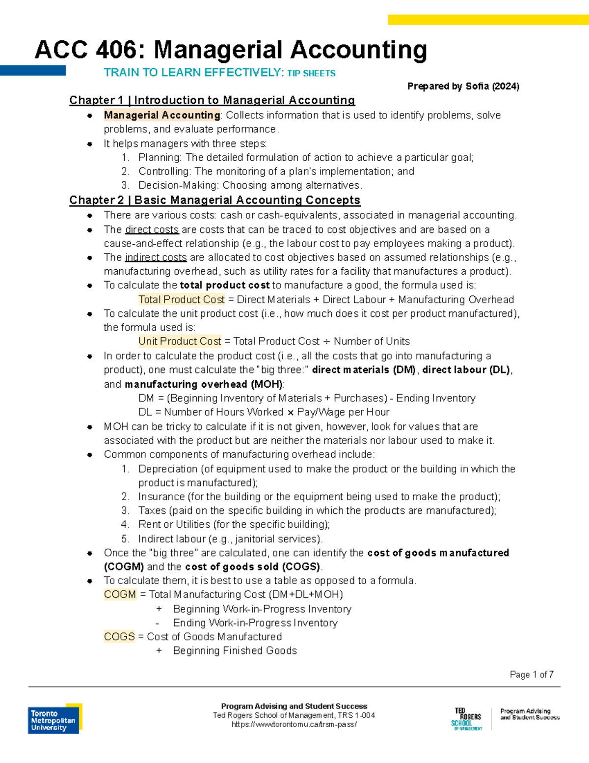 ACC 406: Managerial Accounting Tip Sheets for Effective Learning - Studocu