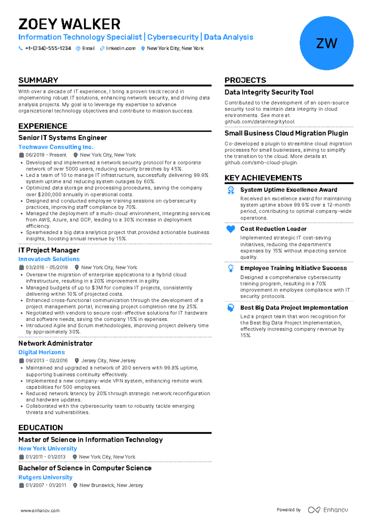 Zoey Walker Resume - IT Specialist in Cybersecurity & Data Analysis ...