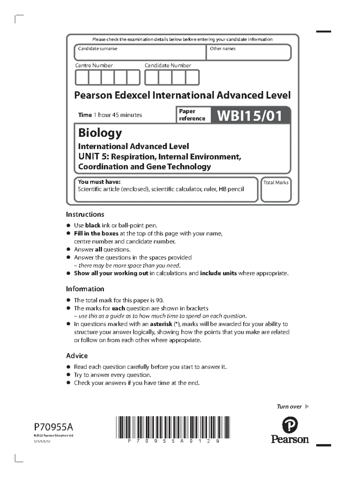 Biology A Level Unit 5 Exam Paper: Respiration & Coordination - Studocu
