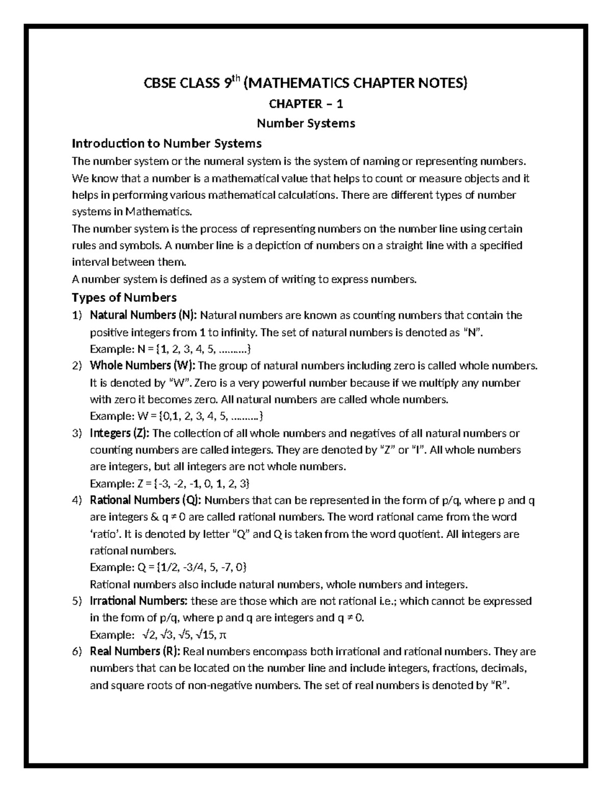 CBSE Class 9th -Mathematics notes chapter 1 - CBSE CLASS 9 th ...