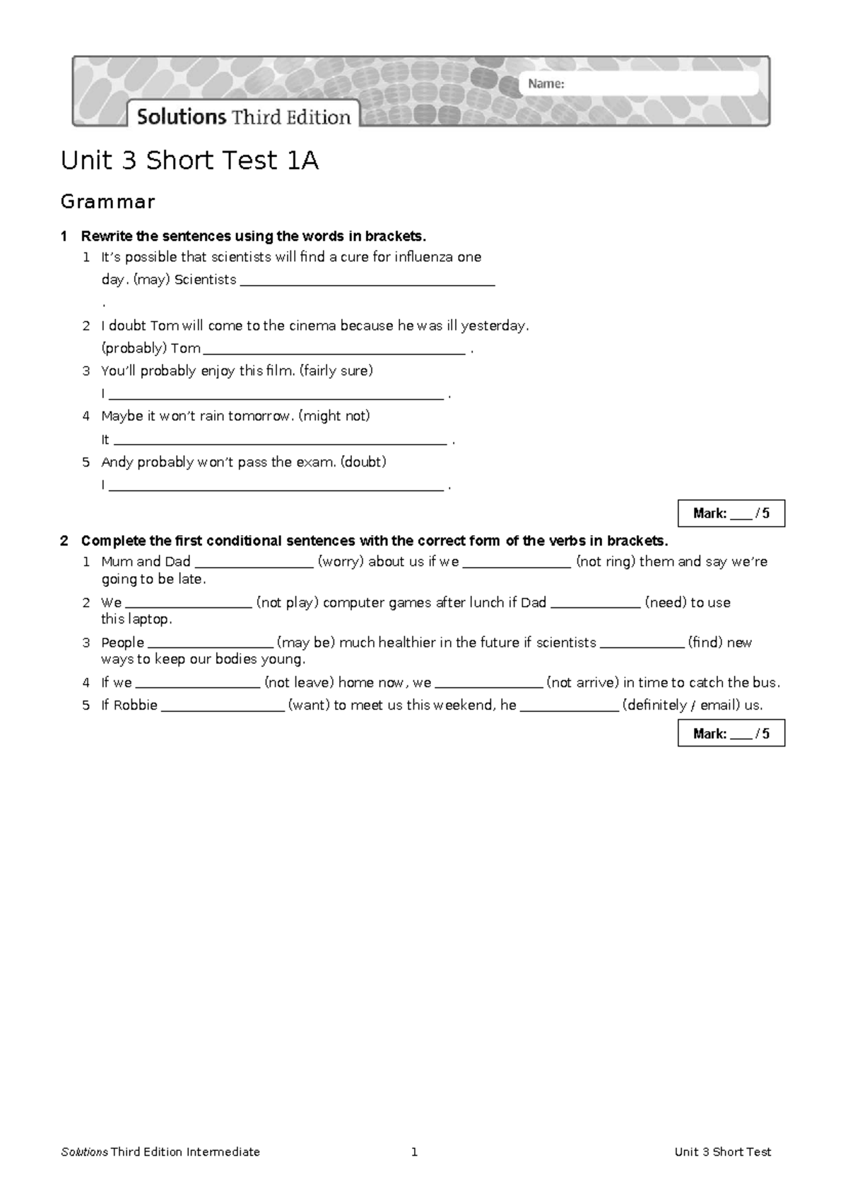 Sol3e Int U3 Short Test 1A: Grammar Sentence Rewrites - Studocu