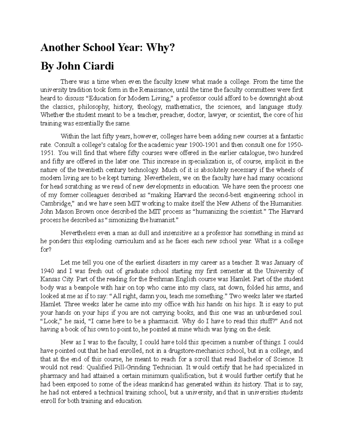 Another Shool YEAR - WHY - Another School Year: Why? By John Ciardi ...