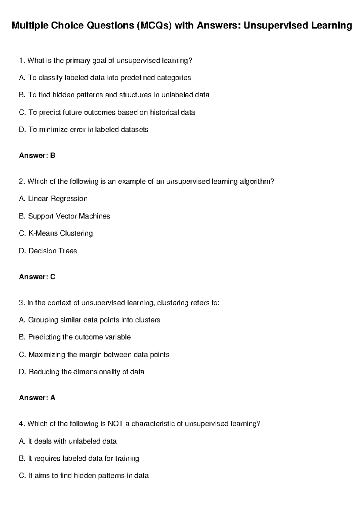 Unsupervised Learning MCQs & Answers for Quiz Preparation - Studocu