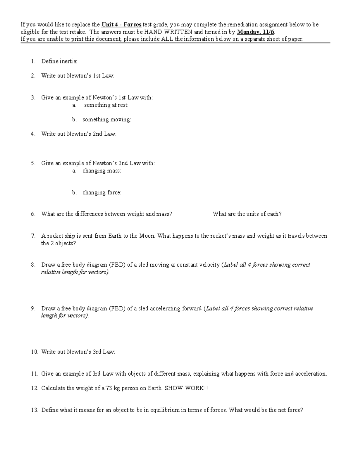 Unit 4 Remediation Newton's Laws - If you would like to replace the ...