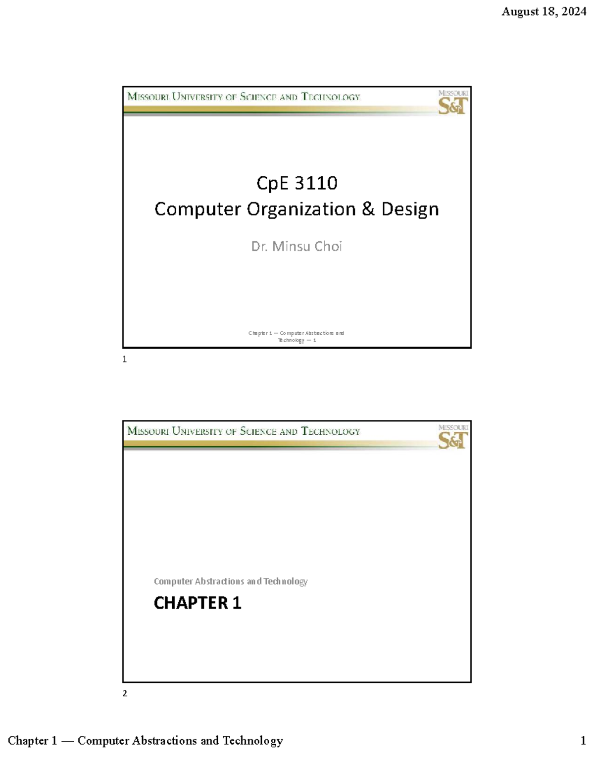 Chapter 1: Computer Abstractions and Technology - CpE 3110 Lecture ...