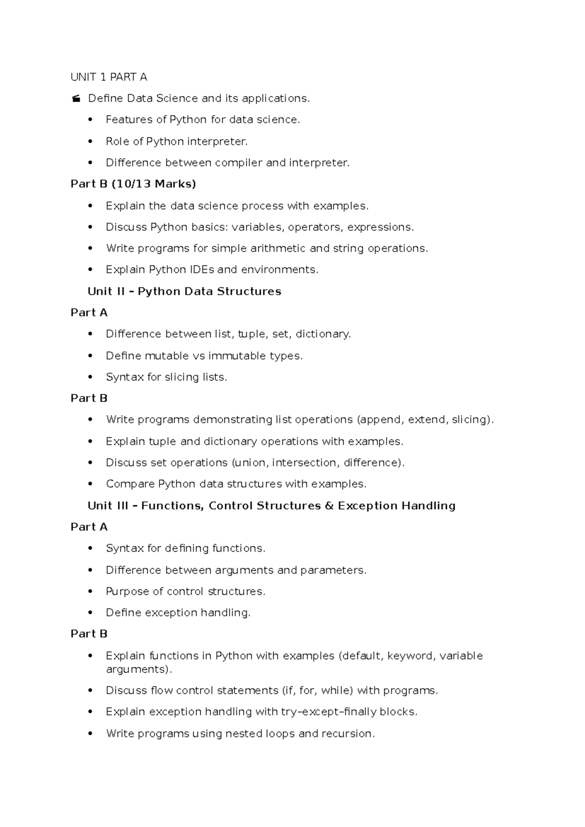 UNIT 1 PART A - Data Science & Python Basics Overview - Studocu