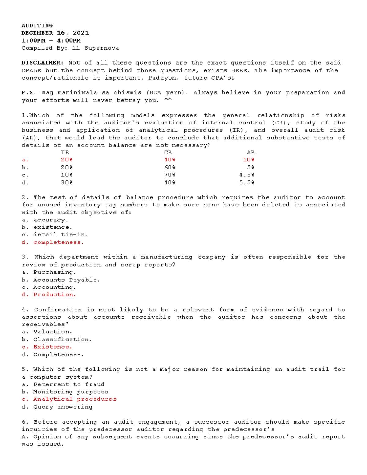 Auditing Prob - Practice Problems for CPA Exam Review - Studocu