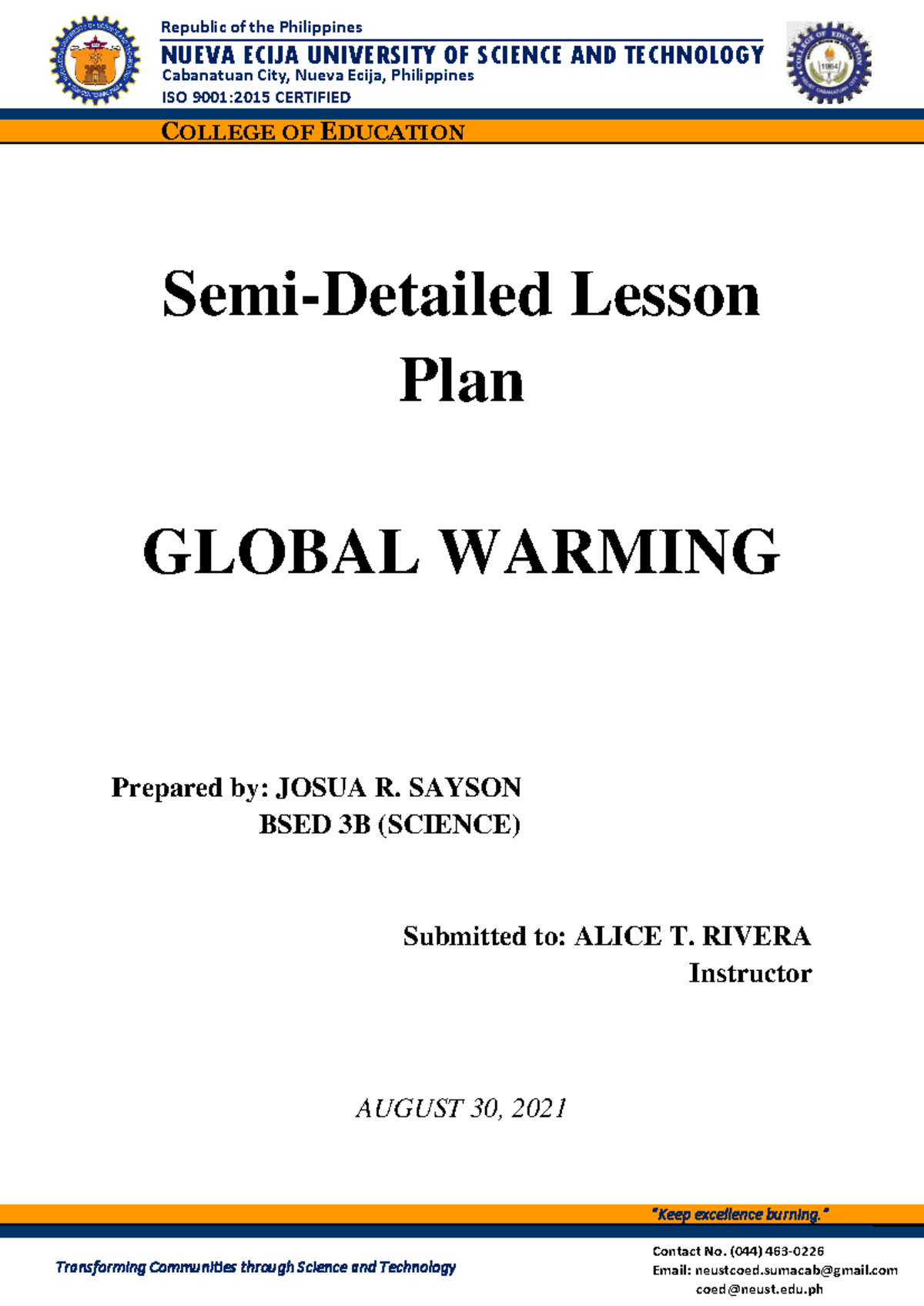 BSED 3B Lesson Plan on Global Warming by Josua R. Sayson - Studocu