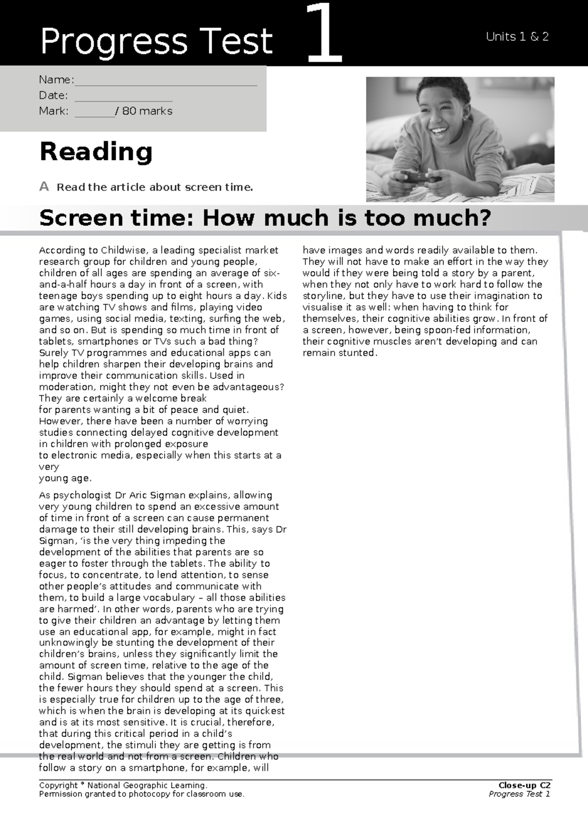 C2 Editable Progress Test 1: Screen Time Impact & English Skills - Studocu