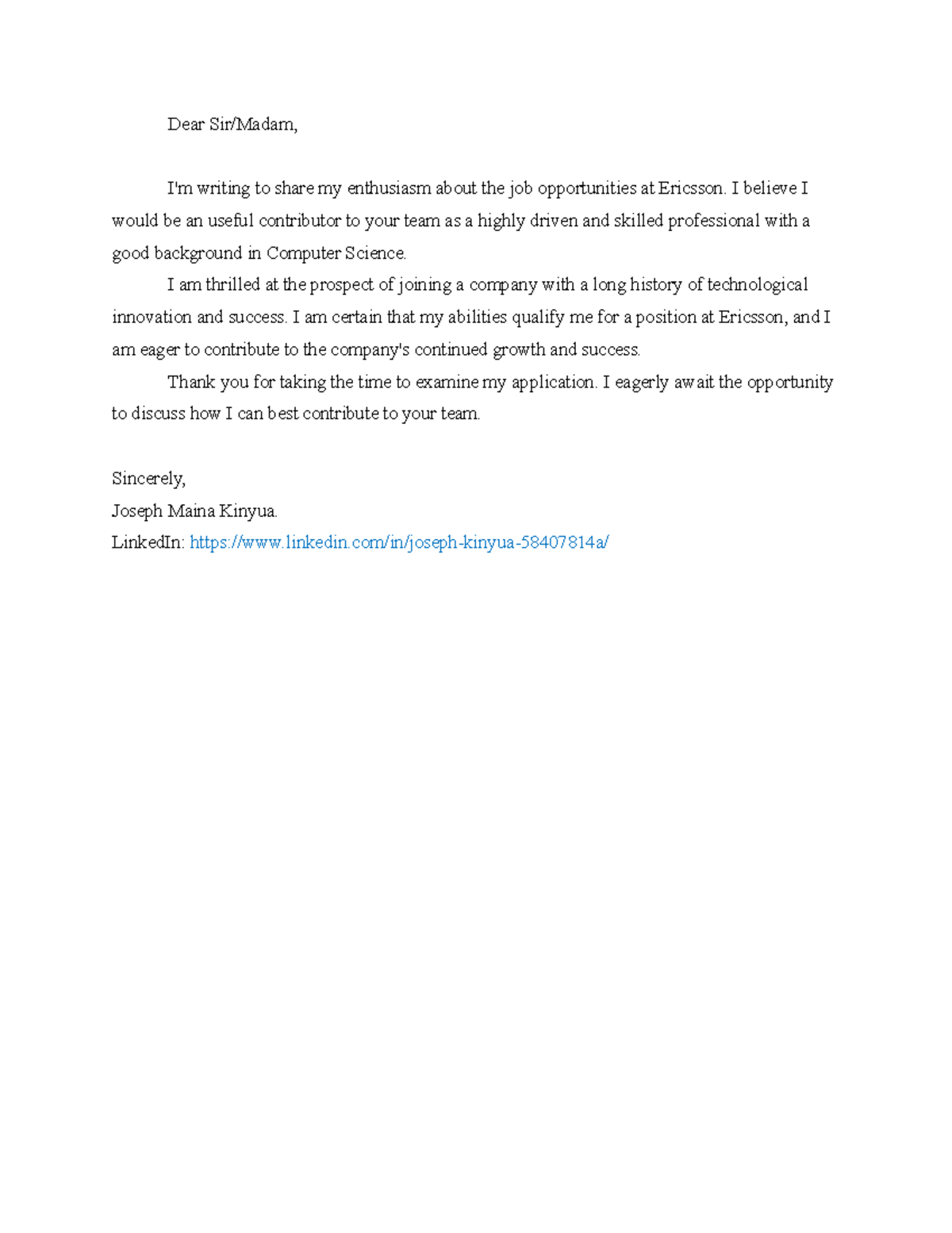 Cover Letter for Job Application at Ericsson - Studocu