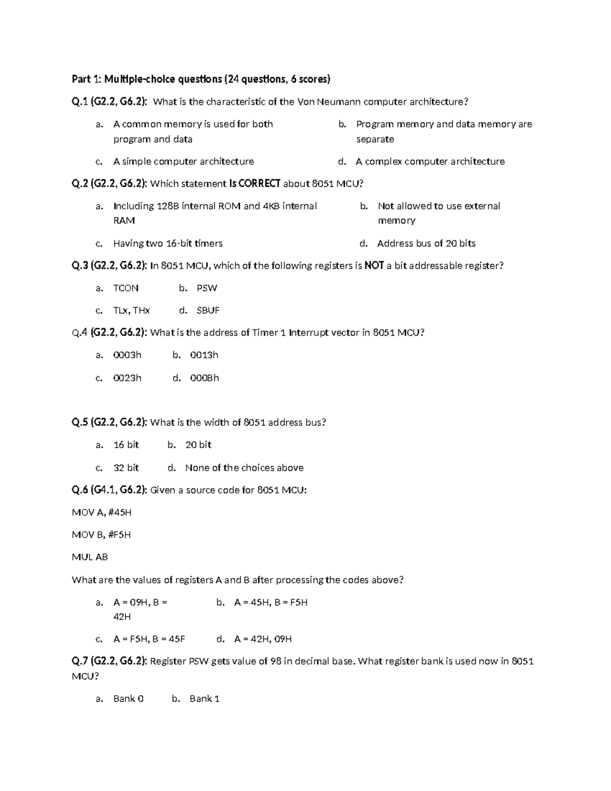De Thi VXL VDK 2 - 8051 MCU Exam Questions & ASM Program (G6.2) - Studocu