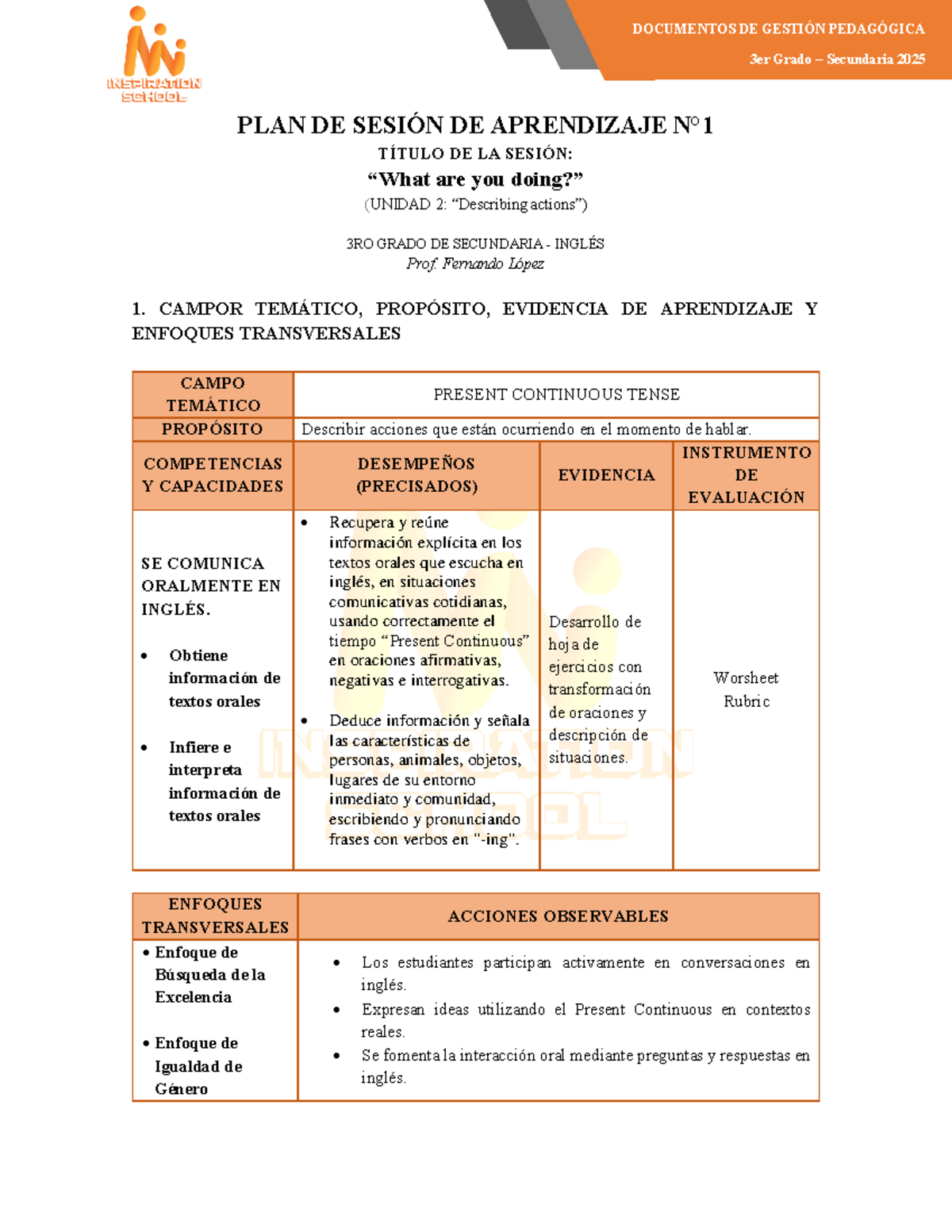 Plan de Sesión de Aprendizaje N° 1: Present Continuous en 3ro Grado ...